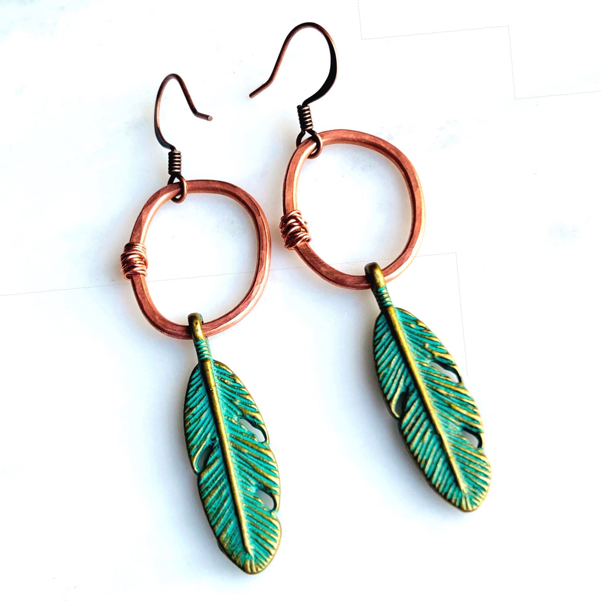 Copper Patina Feather Boho Hoop Earrings | Handmade Jewelry
